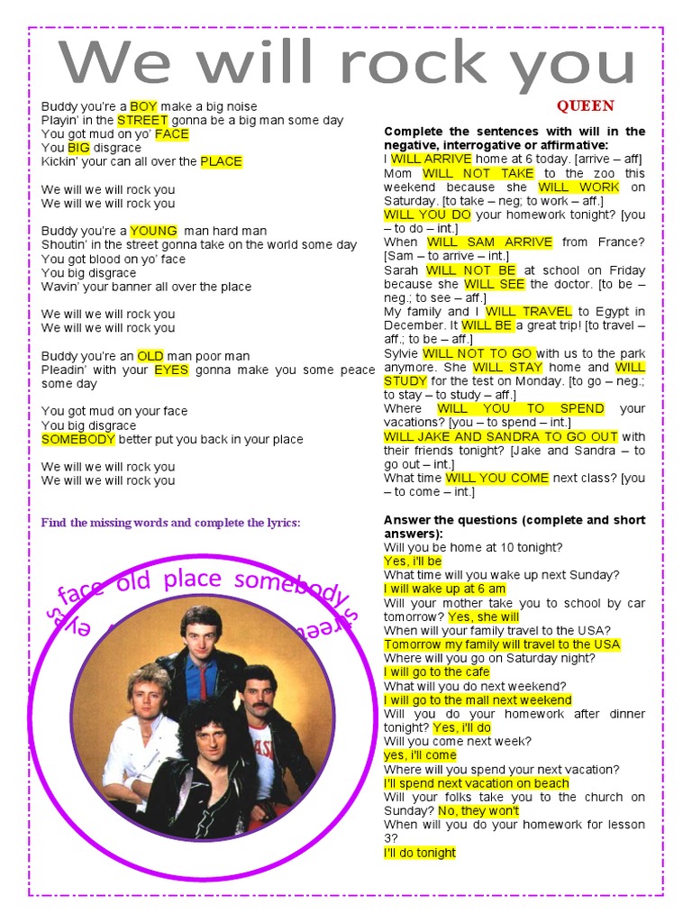 Complete "We Will Rock You" Lyrics and Exercises | PDF