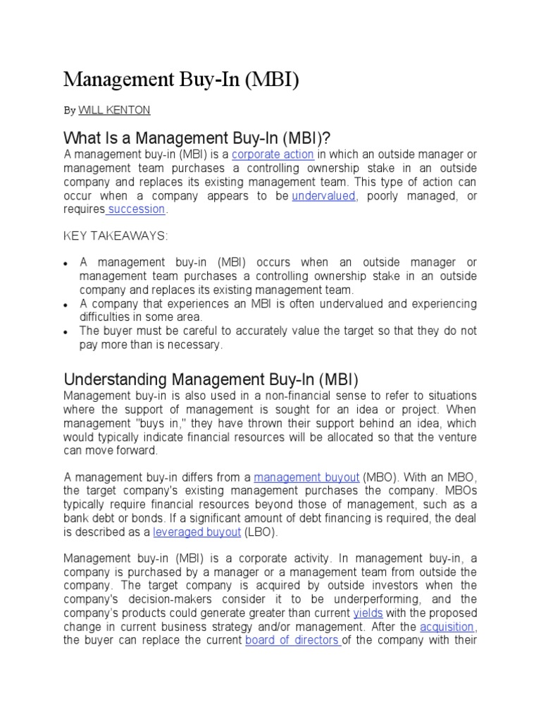 Management Buy in | PDF | Leveraged Buyout | Procurement