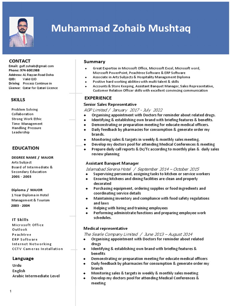 Muhammad Zohaib Mushtaq's Resume: A Summary of Work Experience and Qualifications in Sales ...