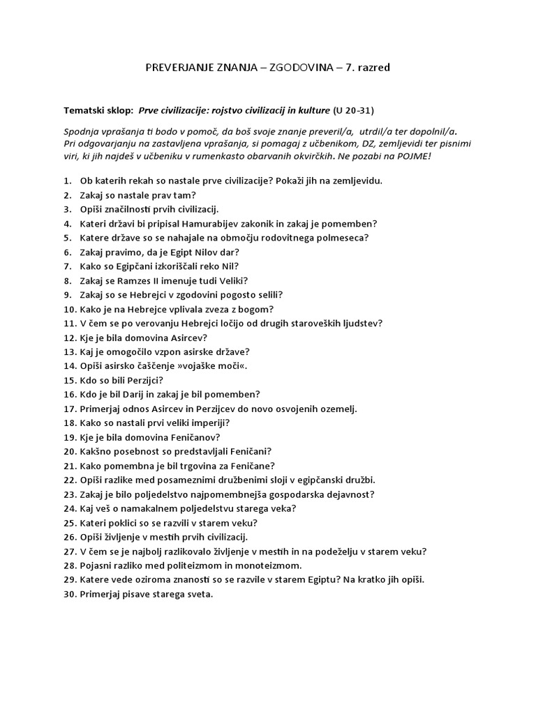 PRVE CIVILIZACIJE-preverjanje Znanja | PDF