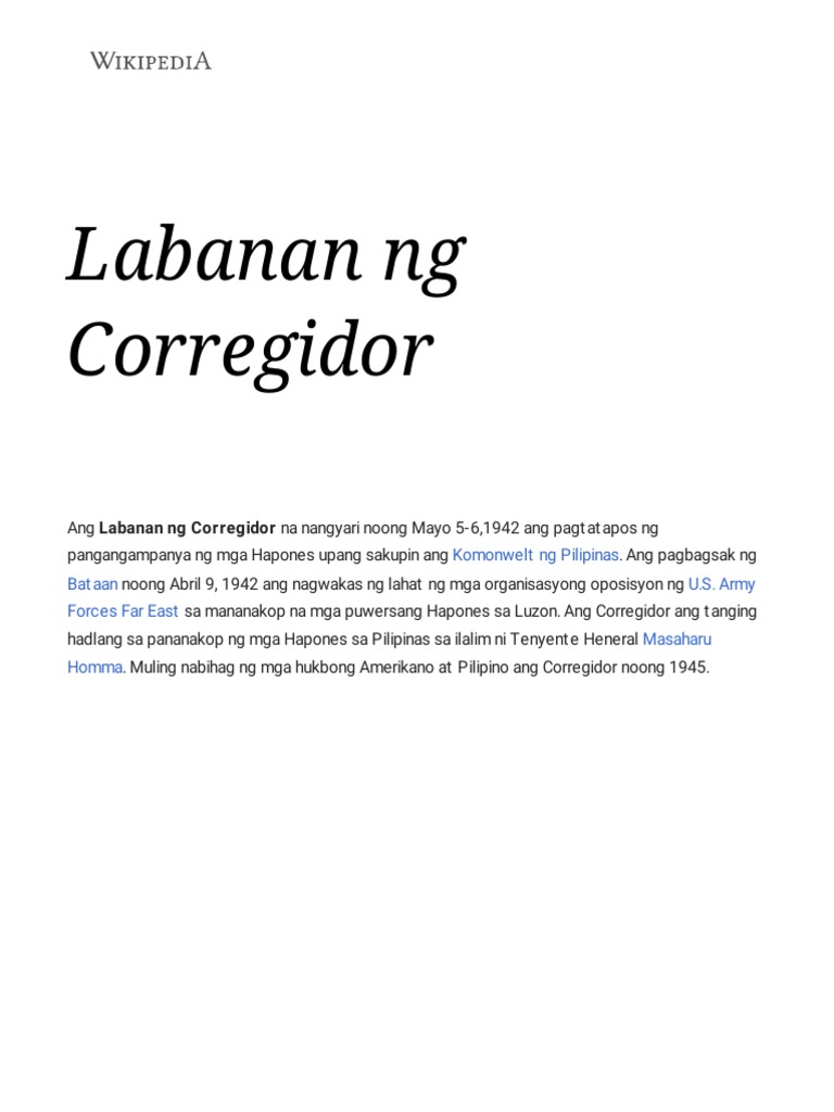 Labanan NG Corregidor - Wikipedia, Ang Malayang Ensiklopedya PDF | PDF
