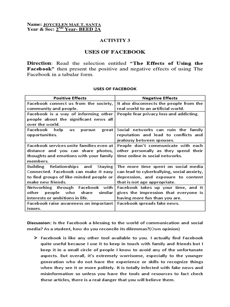 The Positive and Negative Effects of Using Facebook: A Tabular ...