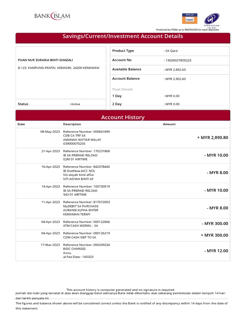 An overview of Puah Nur Zuraiha's savings account activity and balances ...
