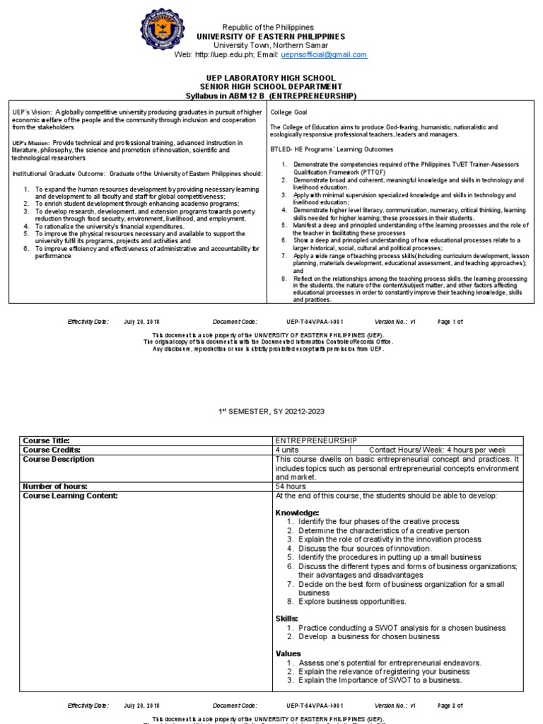 Abm 12B Syllabus (Entrep) | PDF | Entrepreneurship | Swot Analysis