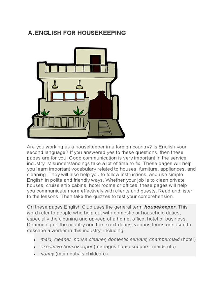 English Vocabulary for Housekeepers | PDF | Housekeeping | Room