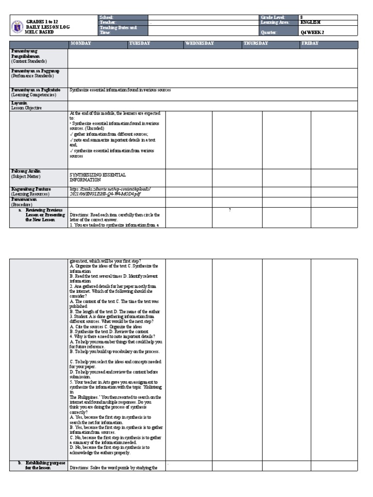 Melc DLL Eng 8 Week 2 Q4 Done | PDF | Information | Learning