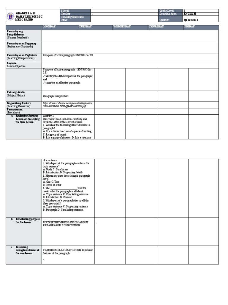Melc DLL Eng 8 Week 3 Q4 Done | PDF | Paragraph | Education Theory Melc DLL Eng 8 Week 3 Q4 Done | PDF | Paragraph | Education Theory