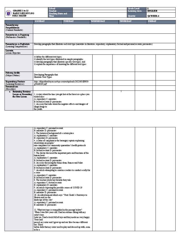 Melc DLL Eng 8 Week 4 Q4 Done | PDF | Essays | Cognition