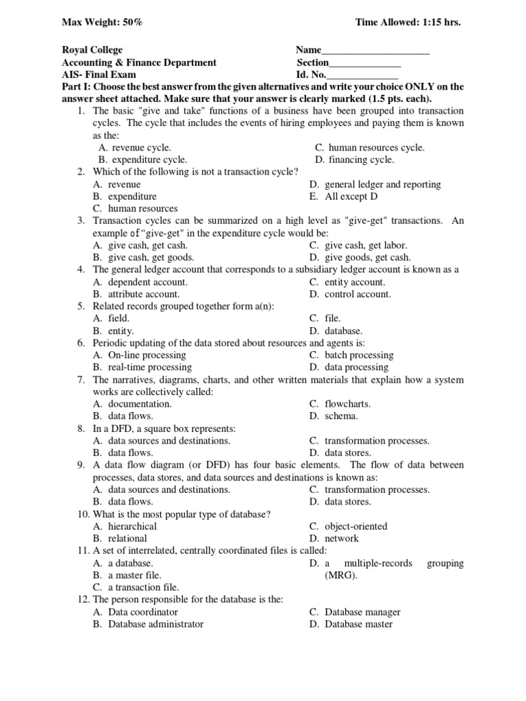 AIS FINAL EXAM-2015 ROYAL Code 1 | PDF | Relational Model | Databases