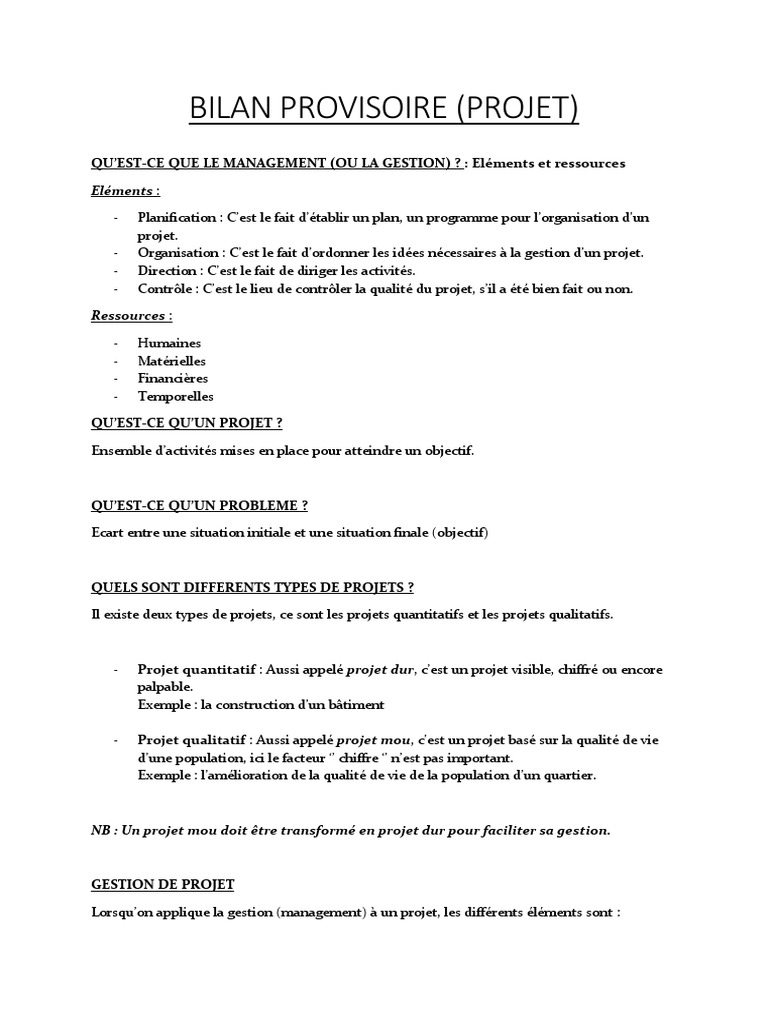 Bilan Provisoire Sur La Gestion de Projet PDF | PDF