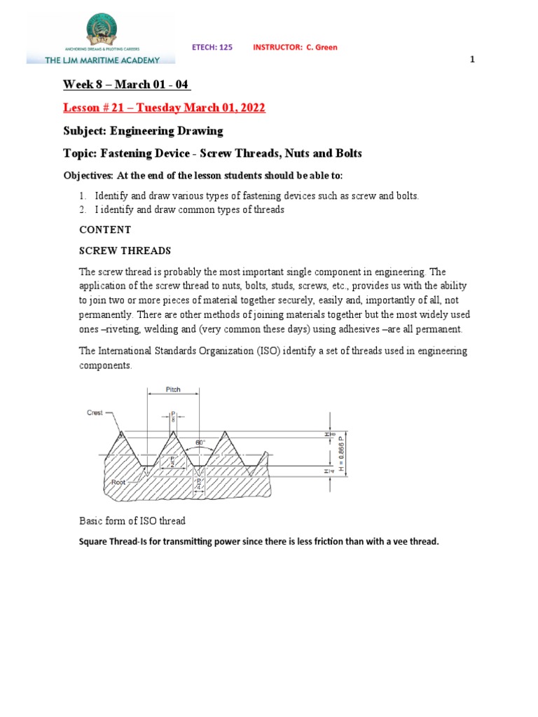 Engineering Drawing - Threads, Nuts and Bolts, Gears and Key Ways ...