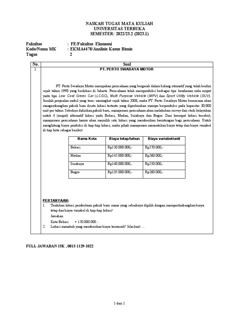 TMK 2 Analisis Kasus Bisnis Ekma4478 2023 | PDF
