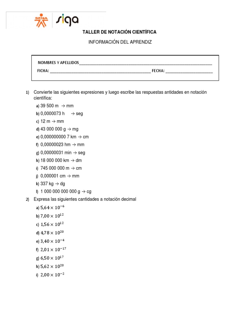 Taller de Notación Científica y Conversión | PDF
