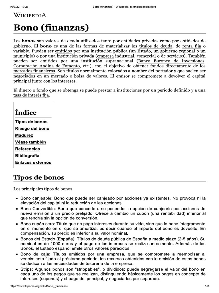 Bono (Finanzas) - Wikipedia, La Enciclopedia Libre | PDF