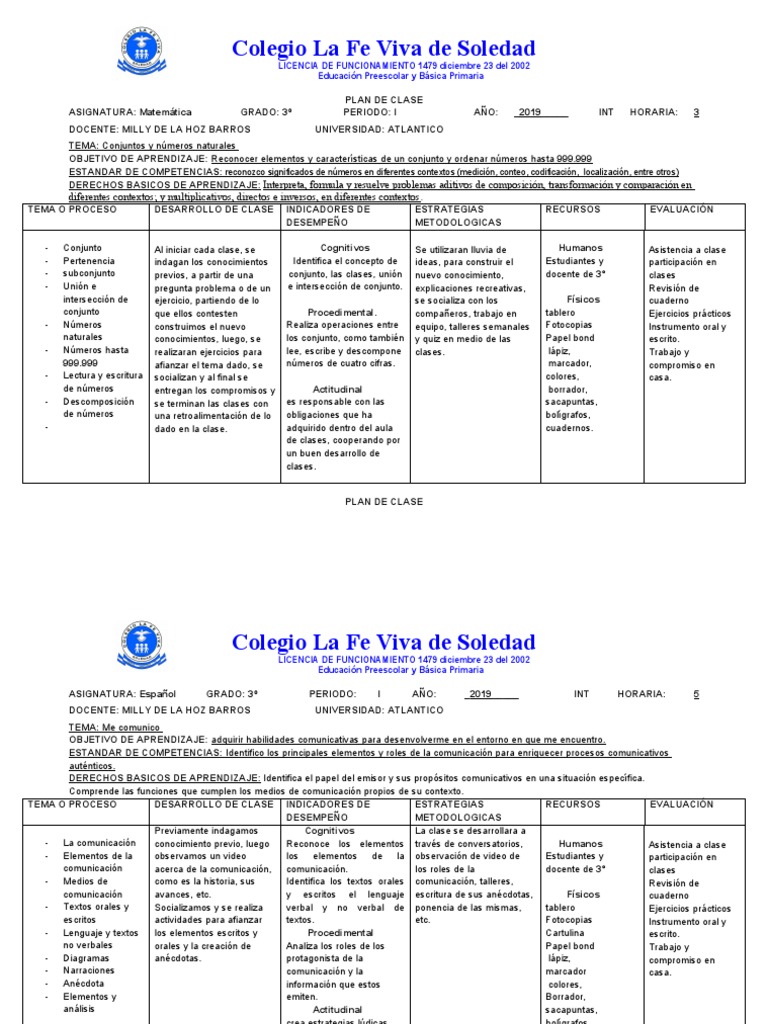 PLAN DE CLASE 1 Periodo 3 | PDF | Aprendizaje | Evaluación