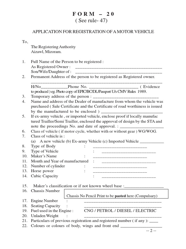 Application For Registration of Vehicle Form 20 | PDF | Vehicles | Land ...