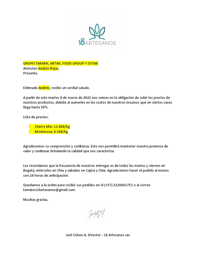 Carta Aumento Precios | PDF