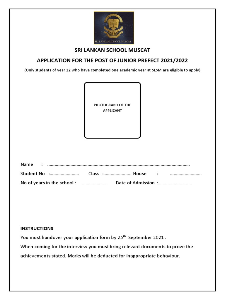 Junior Prefects Application Form 2021 2022 | PDF