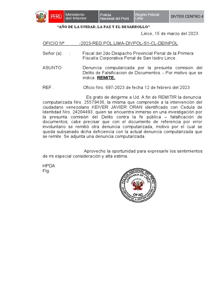 Oficio Transcribiendo Denuncia A La Fiscalia 2021 | Descargar gratis PDF | Policía | Fiscal