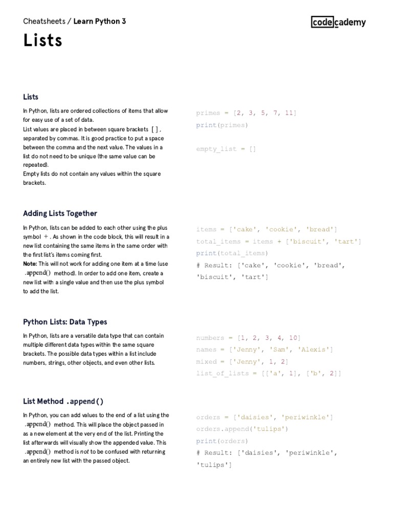 Learn Python 3 Lists Cheatsheet Codecademy Pdf