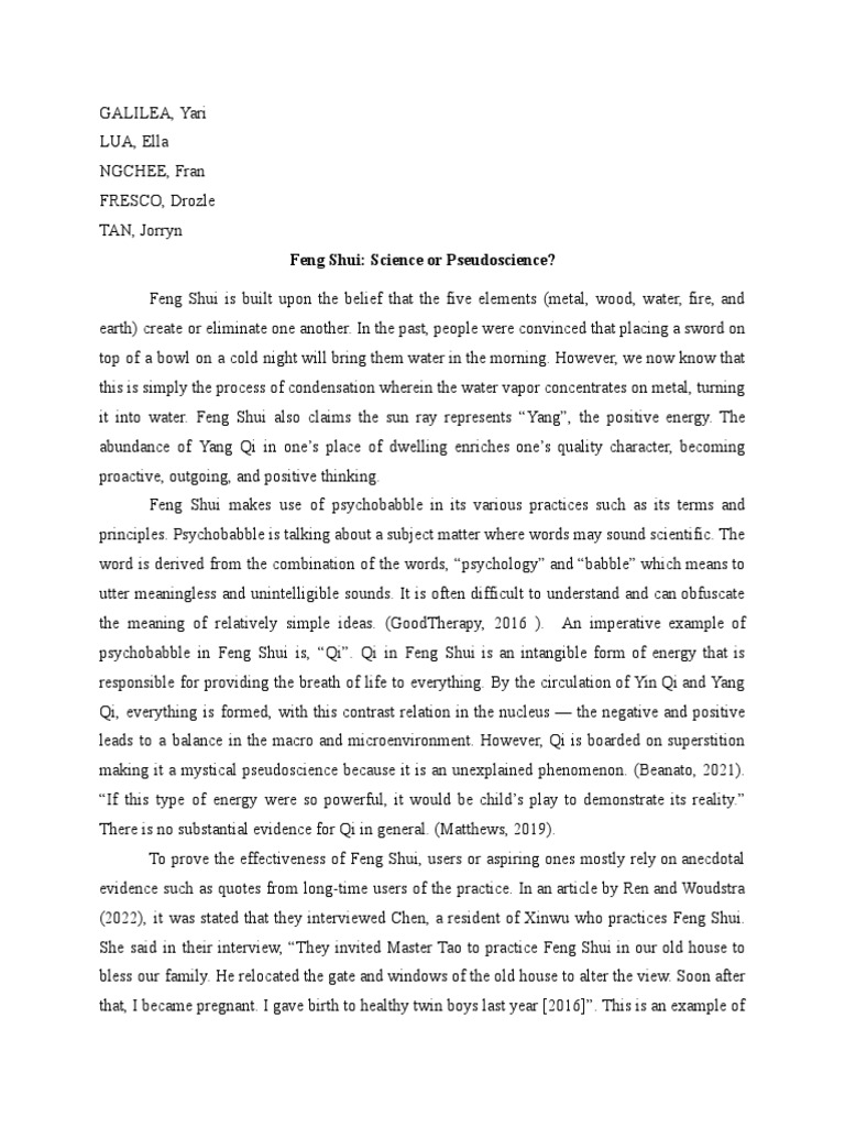 Group 1 Feng Shui Pseudoscience Vs Science Pdf Feng Shui Qi