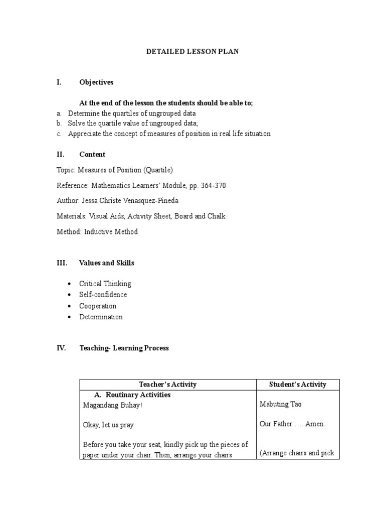 Lesson Plan on Quartiles in Statistics | PDF | Quartile | Cognitive Science