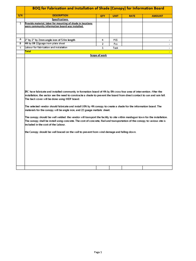 BOQ for Shade Installation over Info Board | PDF | Technology & Engineering
