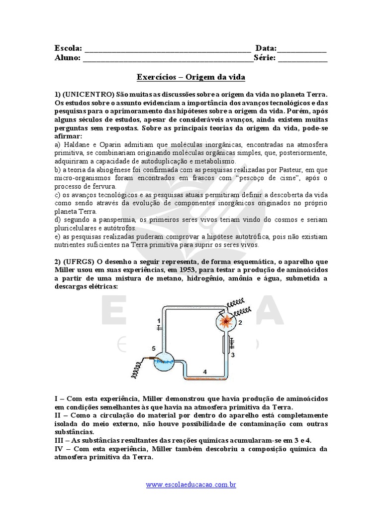 Exercicios Origem Da Vida | PDF | Vida | Abiogênese Exercicios Origem Da Vida | PDF | Vida | Abiogênese