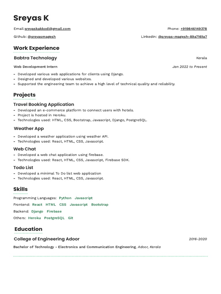 Contact and Experience Summary of Sreyas K, a Web Developer with Expertise in Python, Django ...