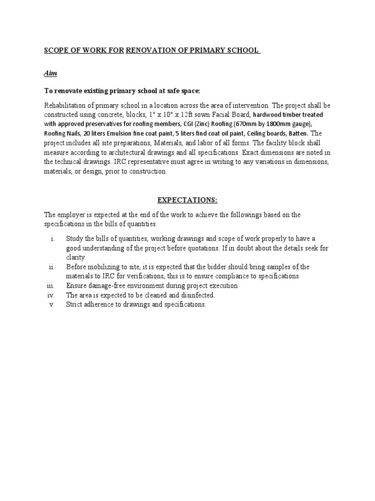 Primary School Renovation Scope of Work | PDF | Art | Technology ...
