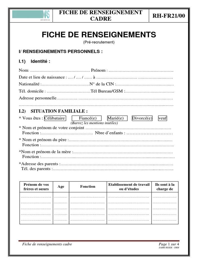 Fiche de Renseignement Cadre 11 | PDF