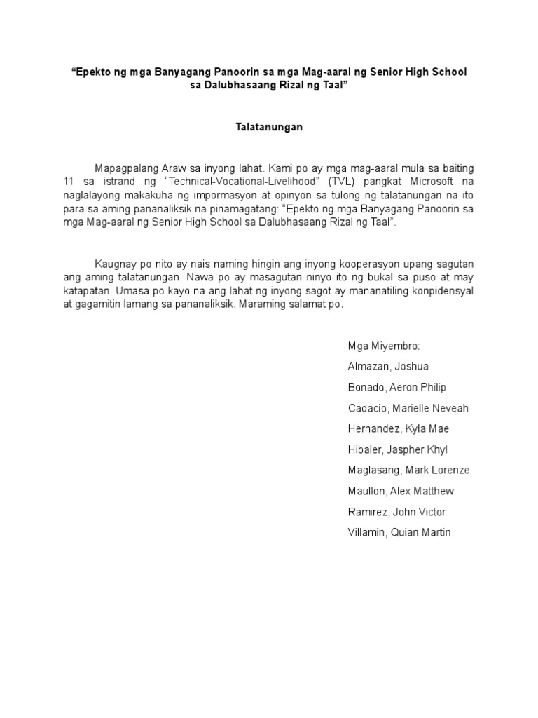 Talatanungan Pananaliksik | PDF