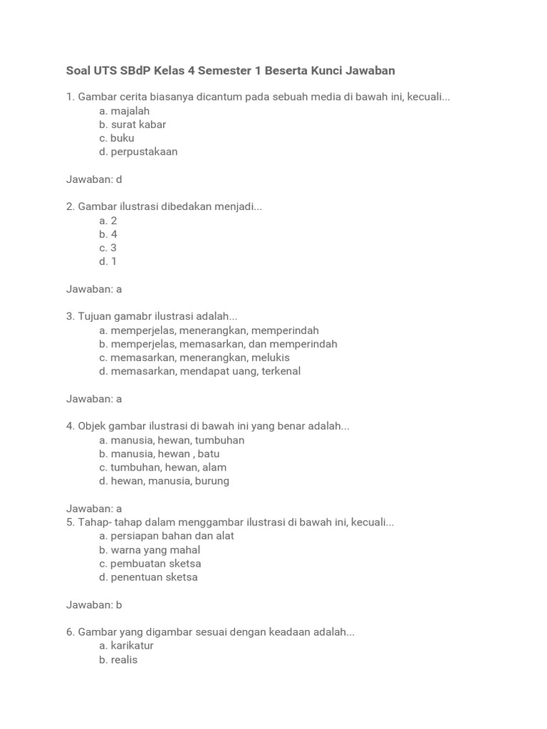 Soal UTS SBDP Kelas 4 Semester 1 Beserta Kunci Jawaban | PDF