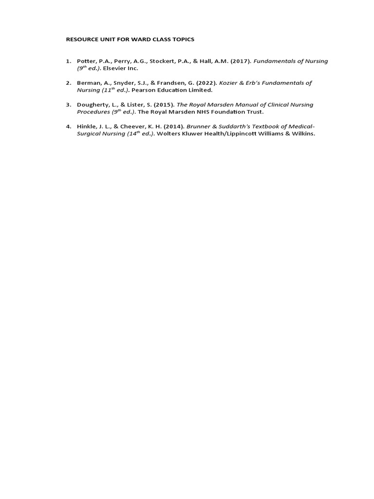 Resource Unit For Ward Class Topics | PDF | Histology | Hematology