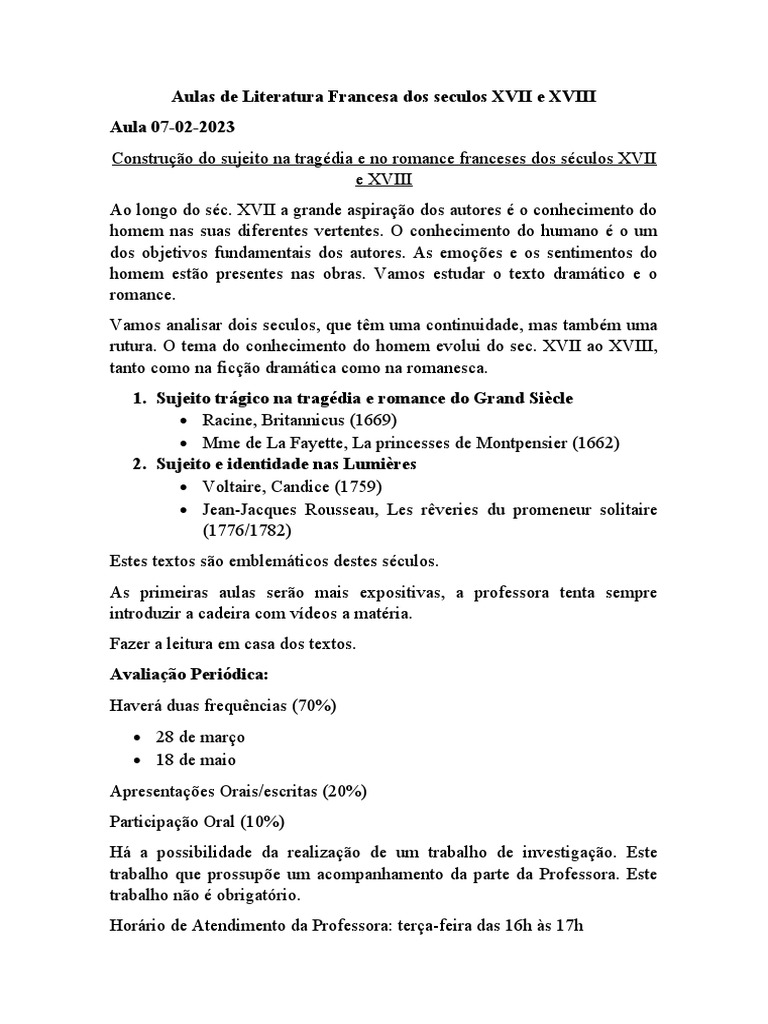 Aulas de Literatura Francesa | PDF | Amor | Tragédia