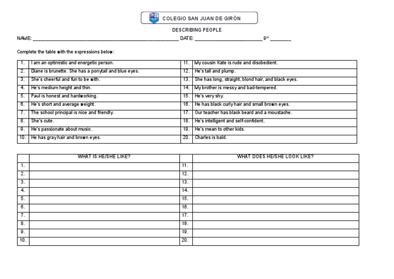 Describing People Worksheet Pdf Pdf