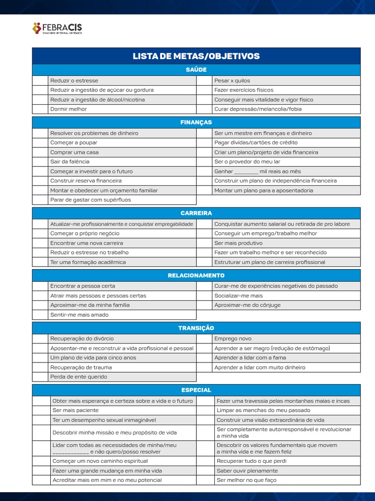 Lista de Metas e Objetivos | Download grátis PDF | Dinheiro | Vida