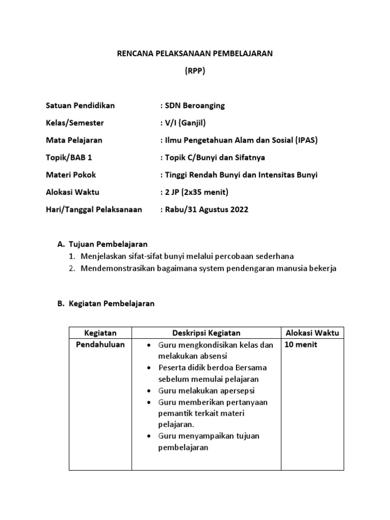 RPP Kelas V Tinggi Rendah Bunyi | PDF | Karier & Perkembangan