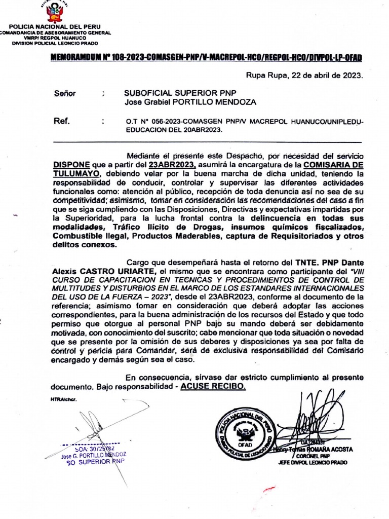 Memo SS PNP Comisario Encargado | PDF