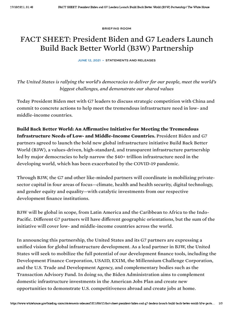 FACT SHEET - President Biden and G7 Leaders Launch Build Back Better ...