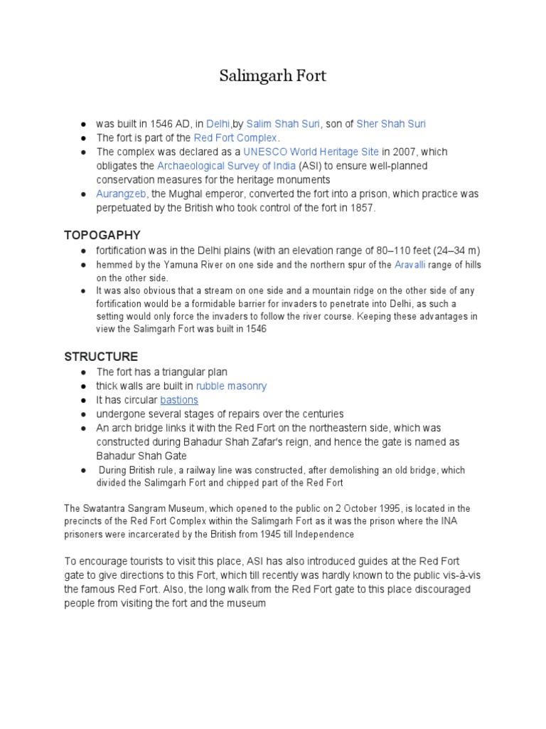 Delhi's Salimgarh Fort: A Brief History | PDF