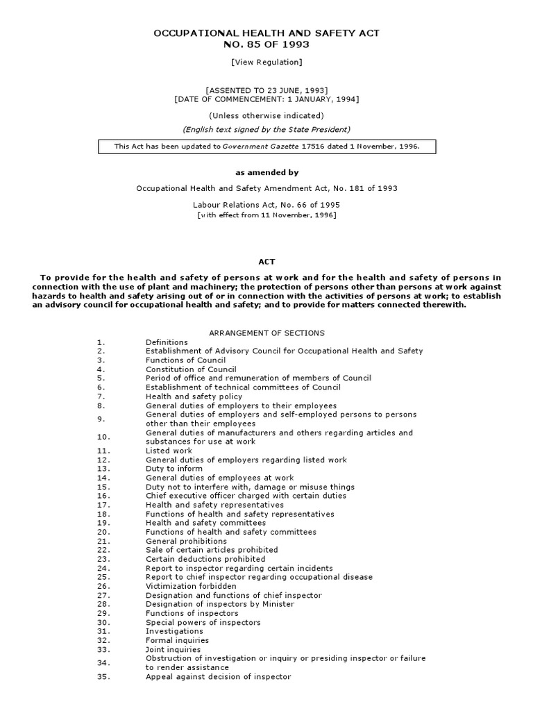 OHS Act No. 85 of 1993 Overview | PDF | Occupational Safety And Health ...