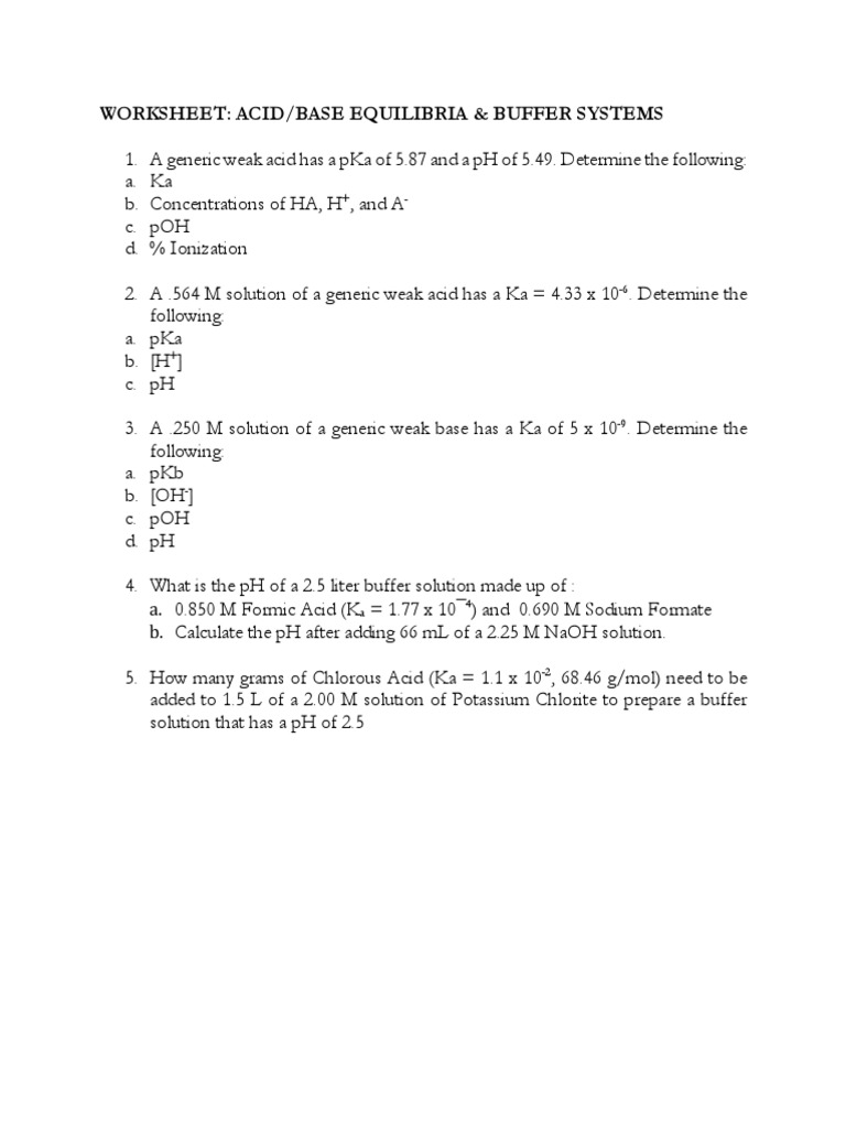 Acid/Base Equilibria & Buffers Worksheet | PDF