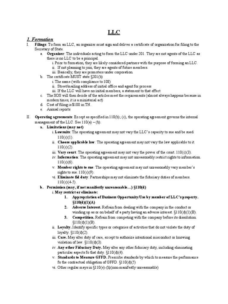 LLC Outline | PDF | Legal Liability | Law Of Agency