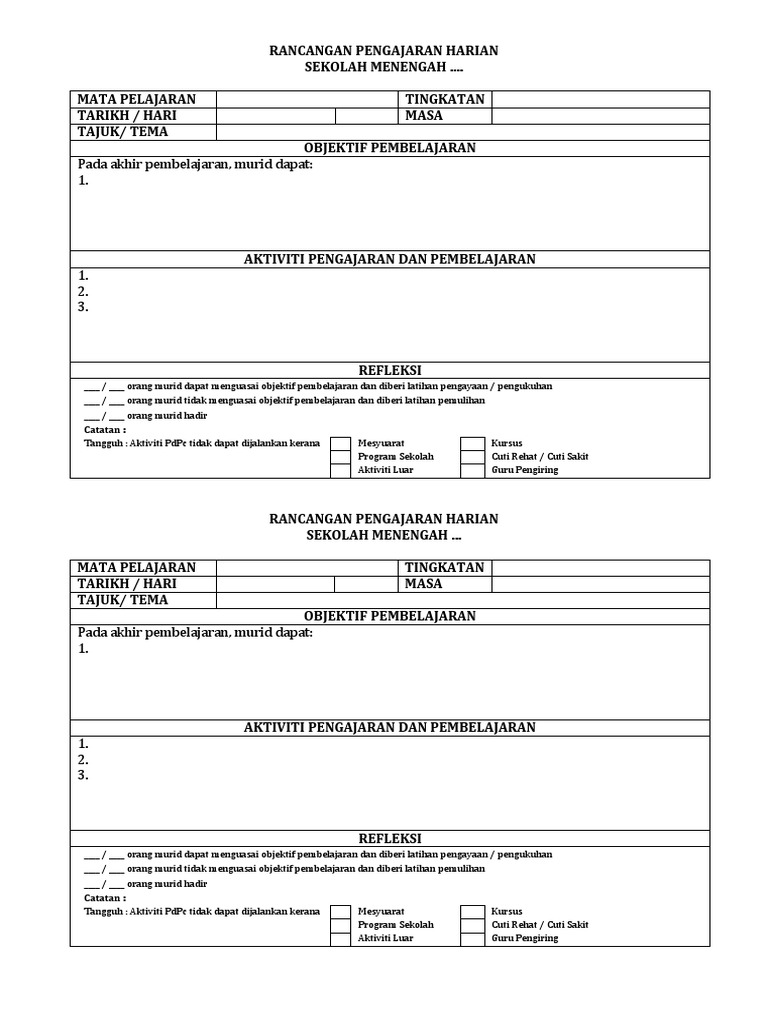 Template RPH Sekolah Menengah 2023 | PDF