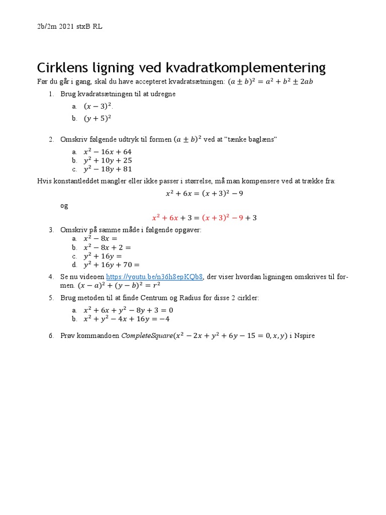 Cirklens Ligning Kvadratkomplementering 2021 | PDF