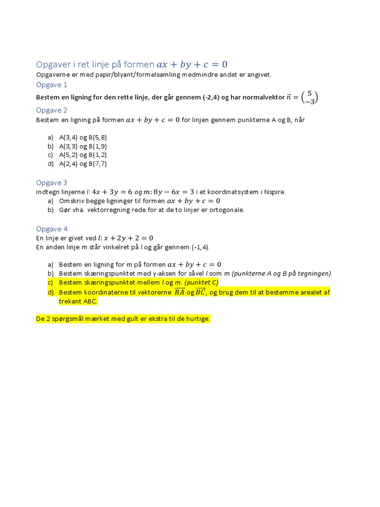 Opgaver I Ret Linje På Vektorform | PDF