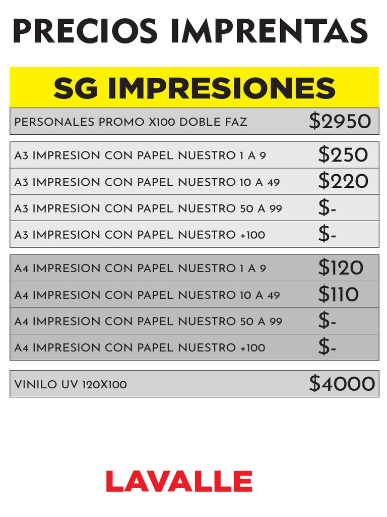 Precios Imprentas | PDF