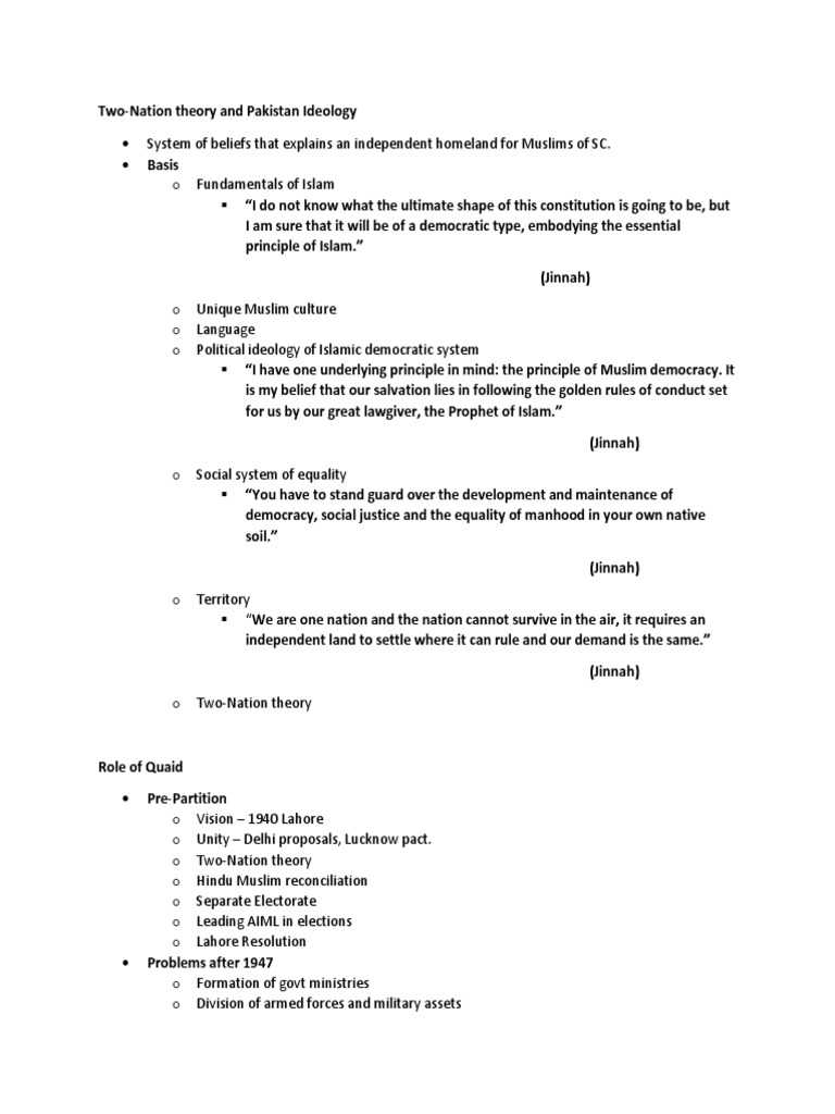 Pakistan Ideology And Two Nation Theory Pdf Muhammad Ali Jinnah