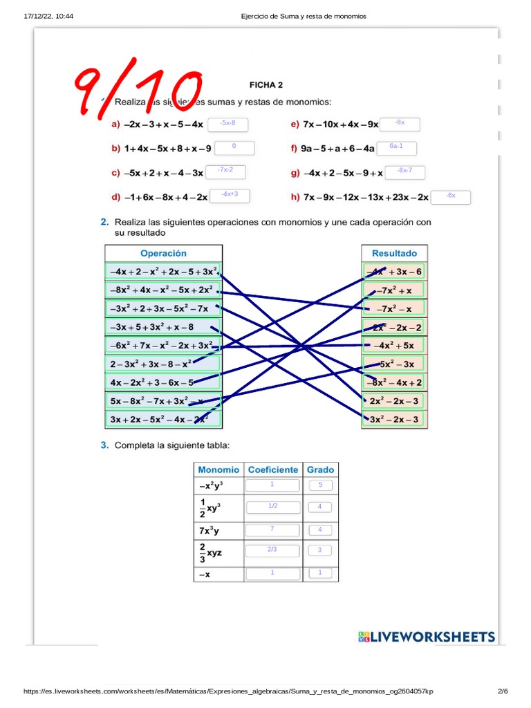 Ejercicio de Suma y Resta de Monomios | PDF